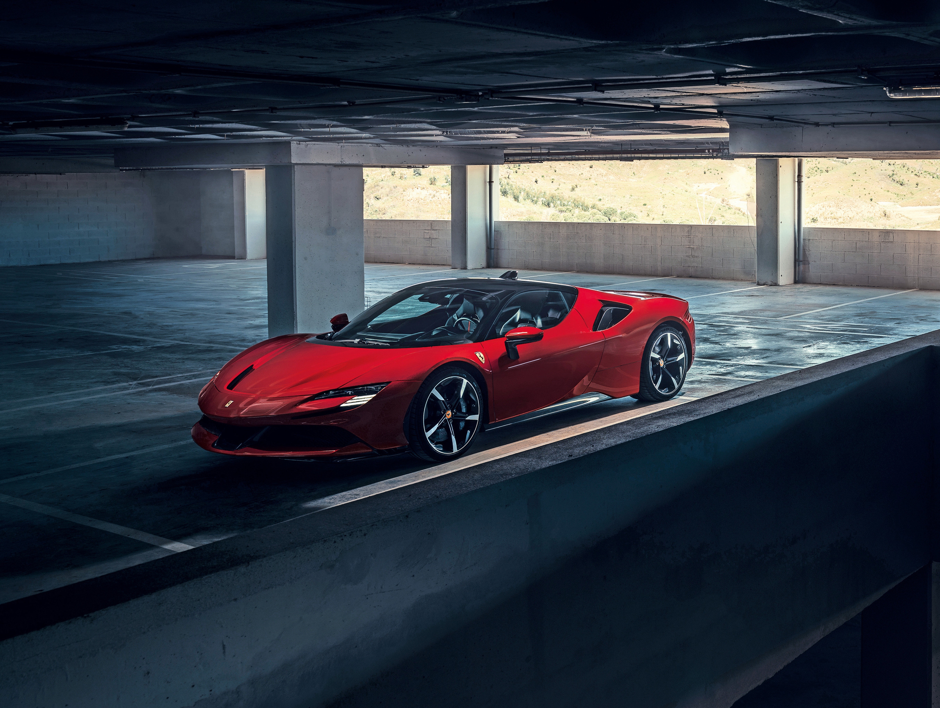 Red Ferrari SF90 Stradale in a covered parking lot · 1366x768 free ...