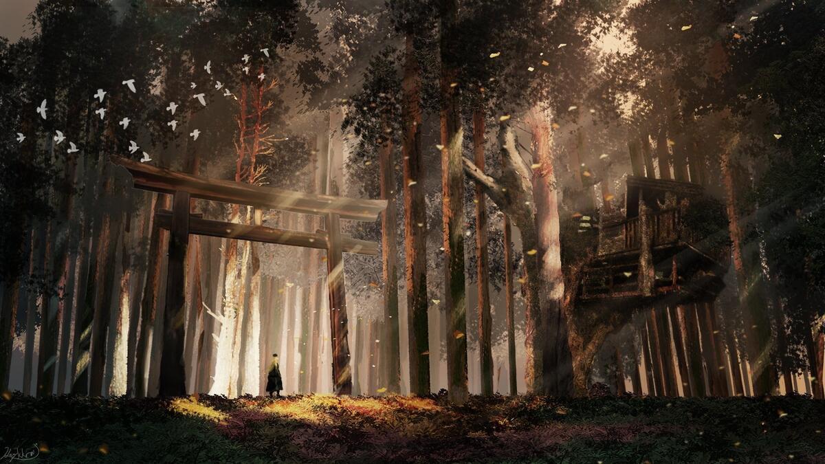 Обои обои аниме девушка Torii лес храм птицы от Bradeya картинки на