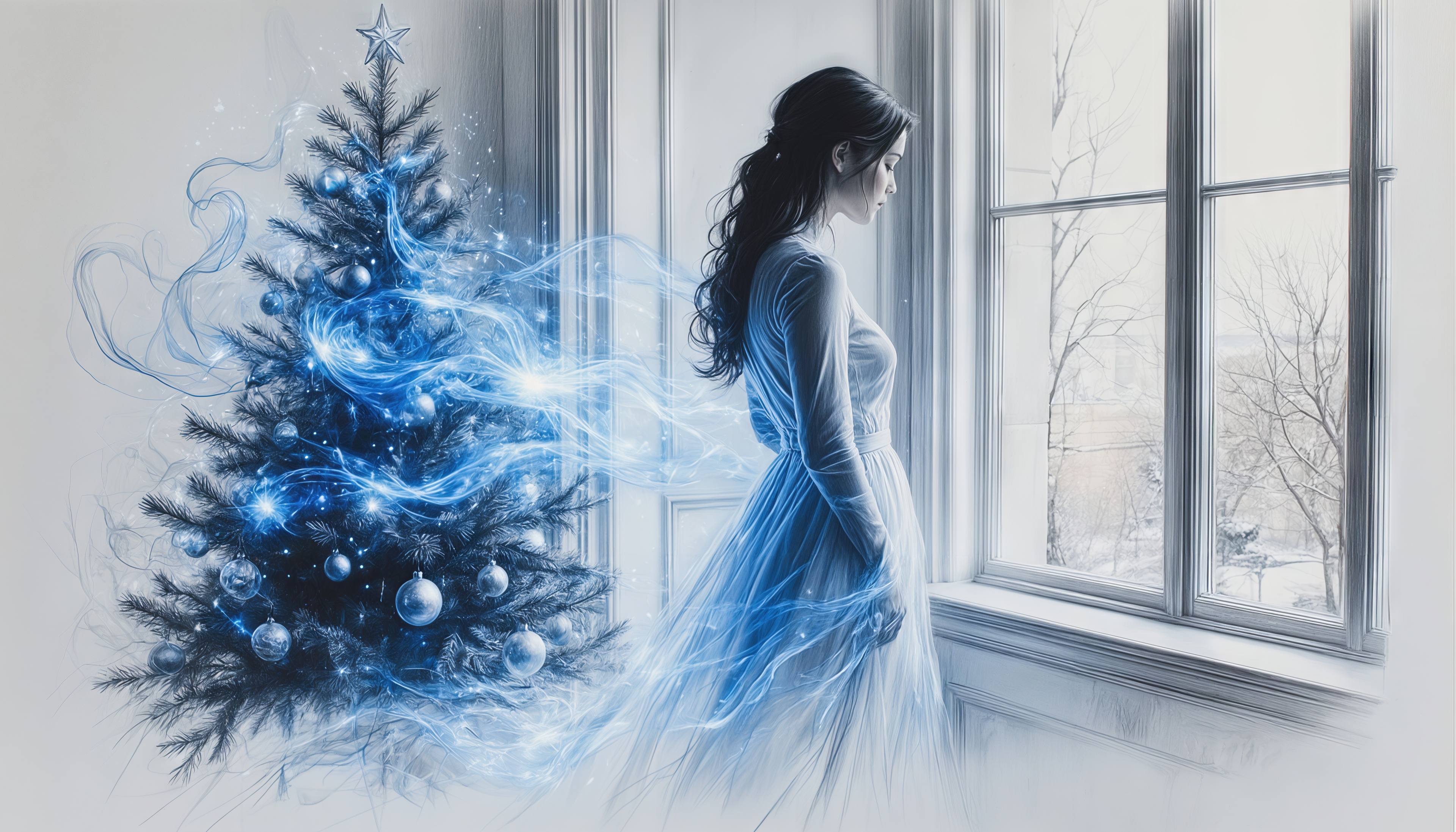 Winter fairy tale: a Christmas tree in the glow, a thoughtful girl at ...