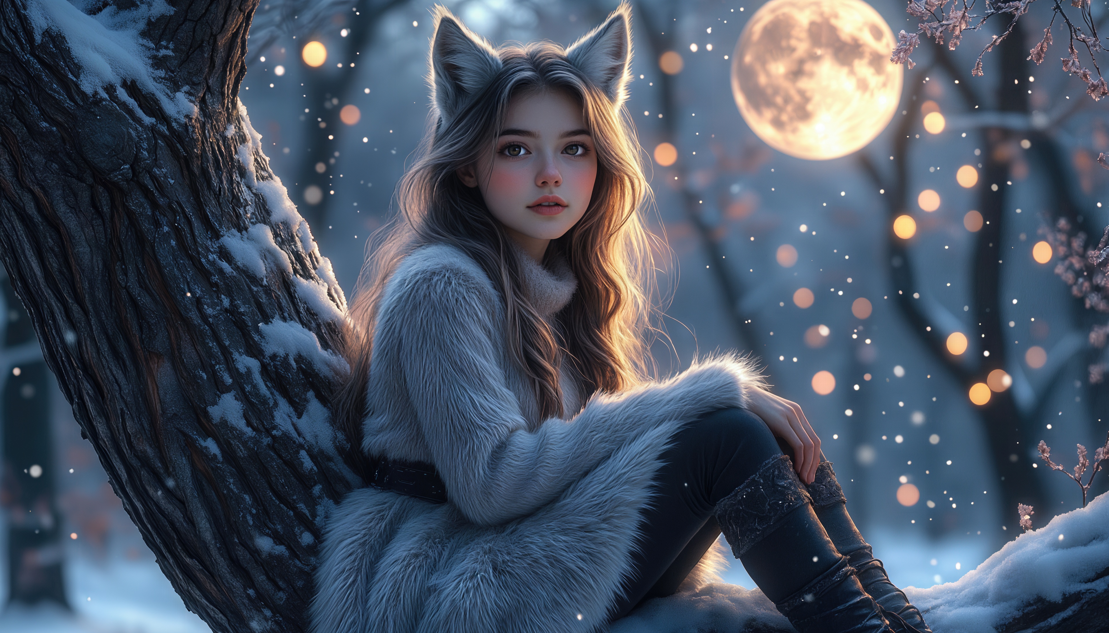 Лиса-девушка в меховой шубе греется в лунном свете. · 1920x1080 Full HD ...