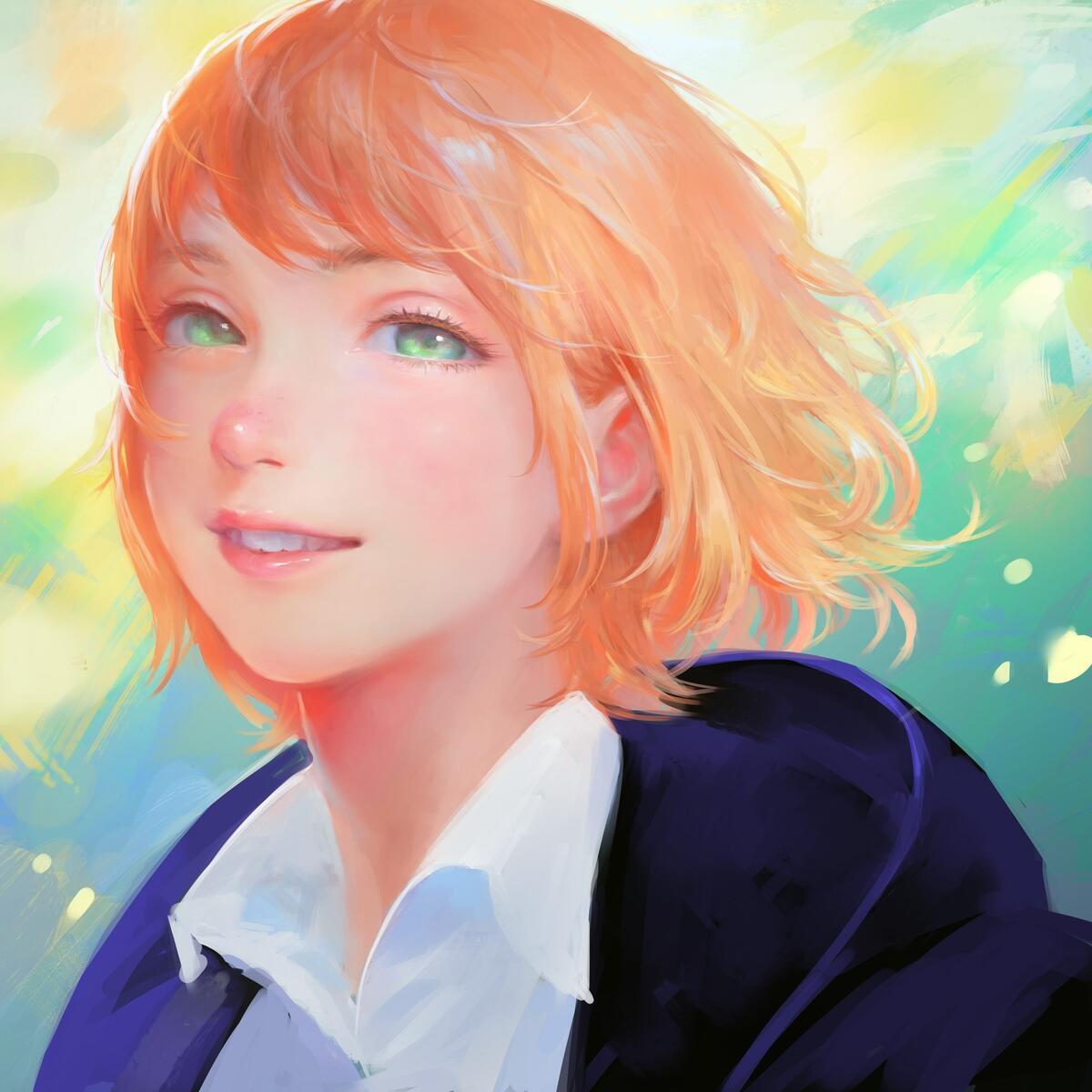 Обои обои блондинка улыбается ветер короткие волосы Realistic Anime