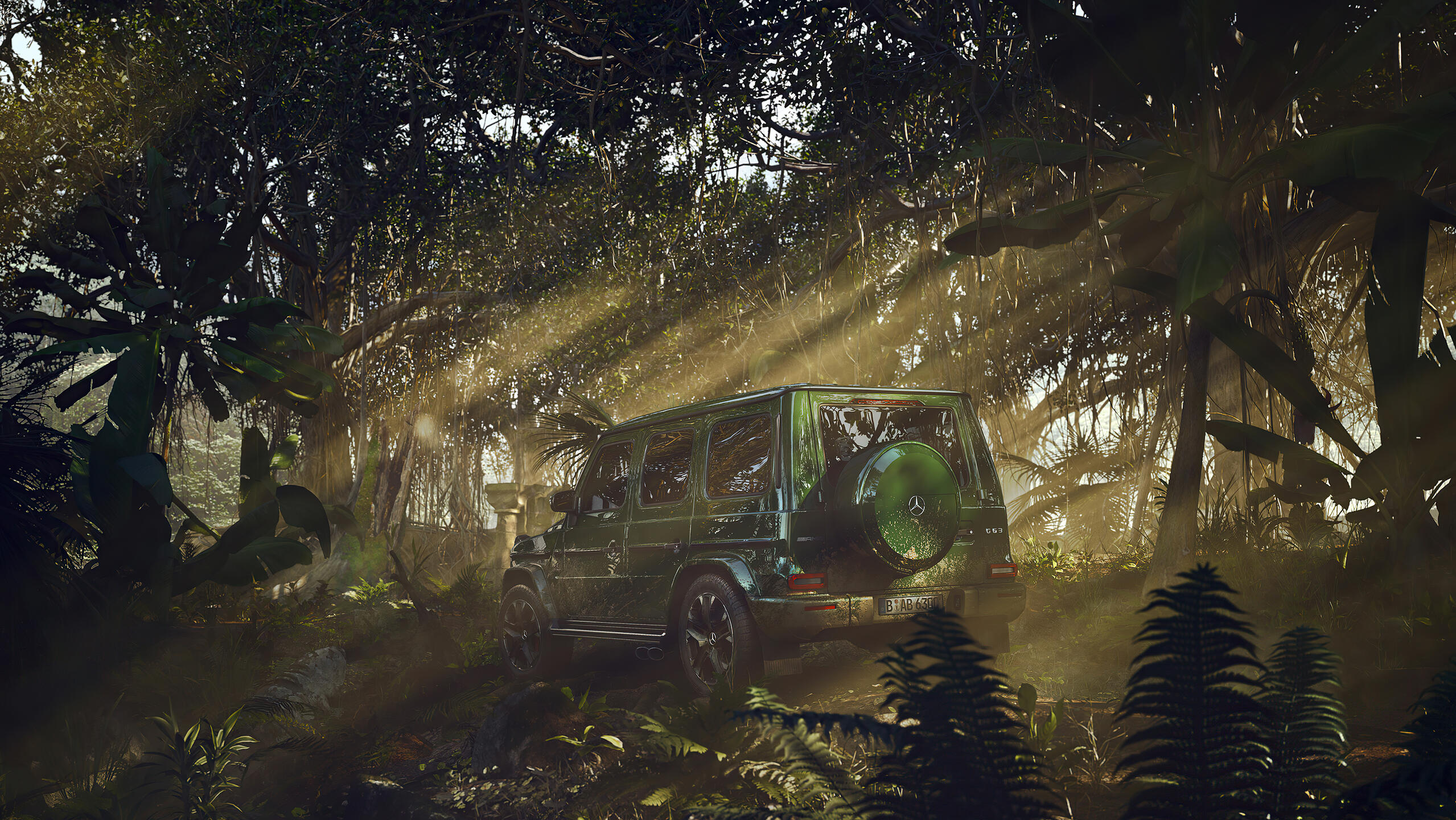 Зеленый Mercedes G Class слился с листвой в густом лесу · 2560x1440 Qhd