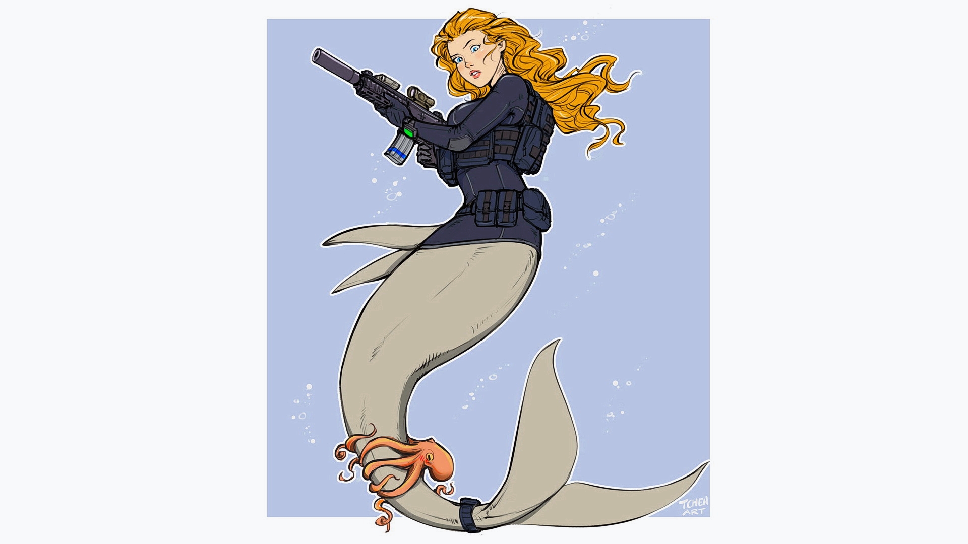 Combat mermaid with a machine gun and an octopus on her tail · free ...