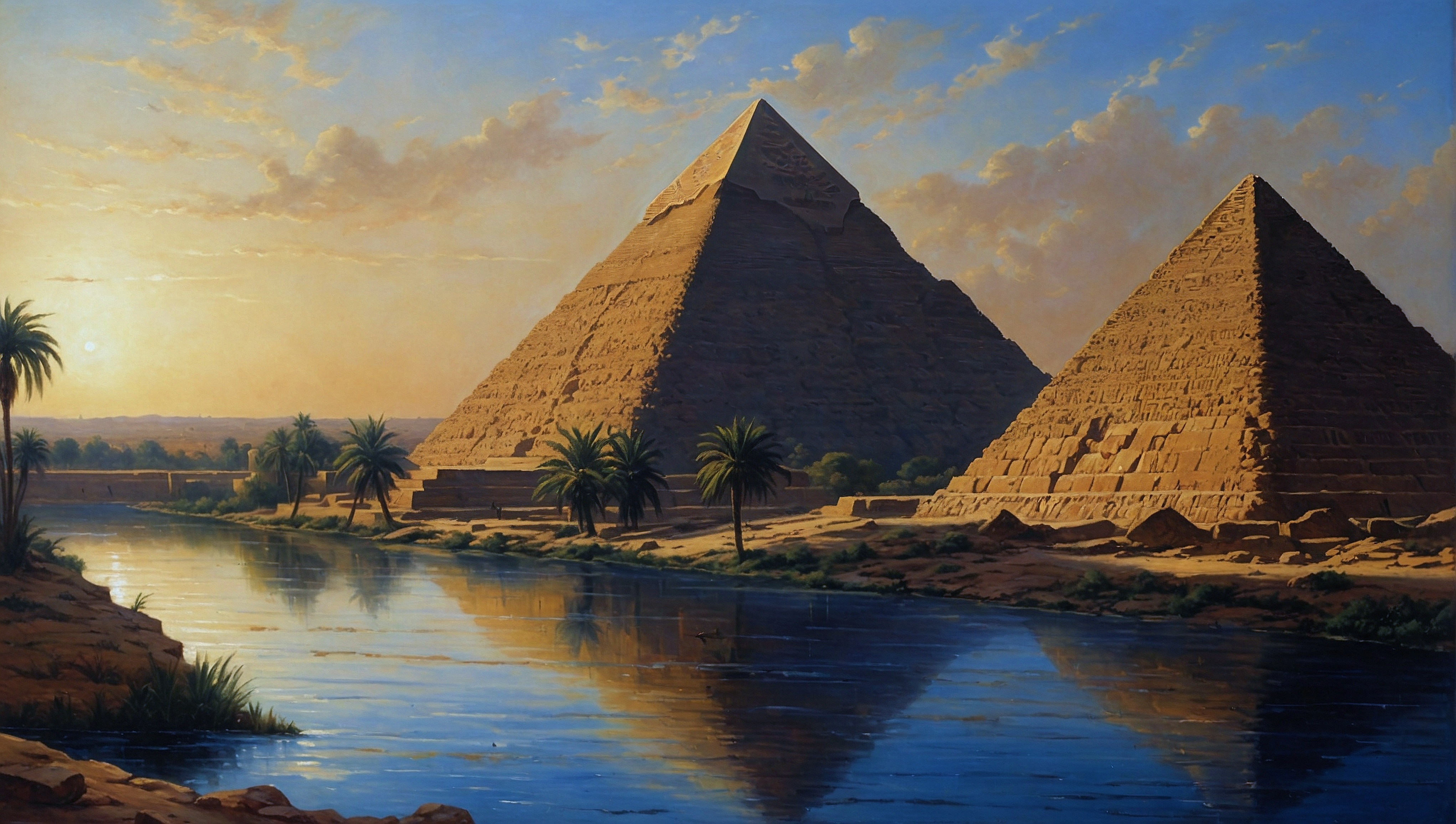 A painting of pyramids next to a body of water · 1920x1080 Full HD free ...