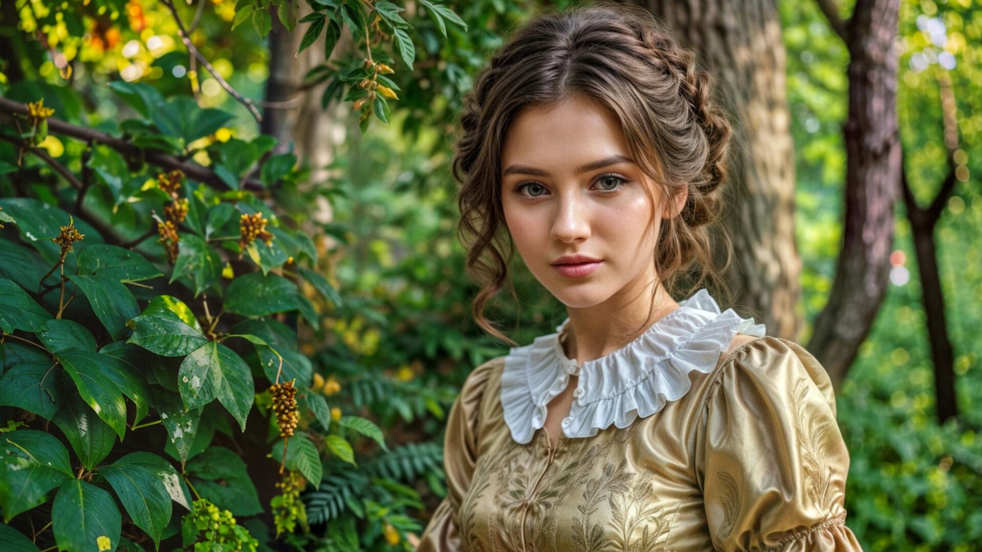 Портрет девушки в желтом платье на фоне леса · 1920x1080 Full Hd