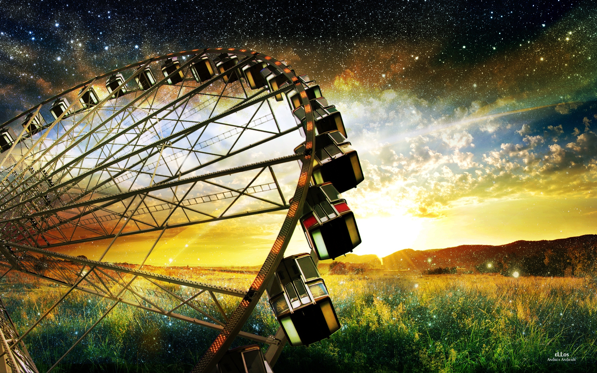 Ferris wheel against the backdrop of a fantastic evening sky ...