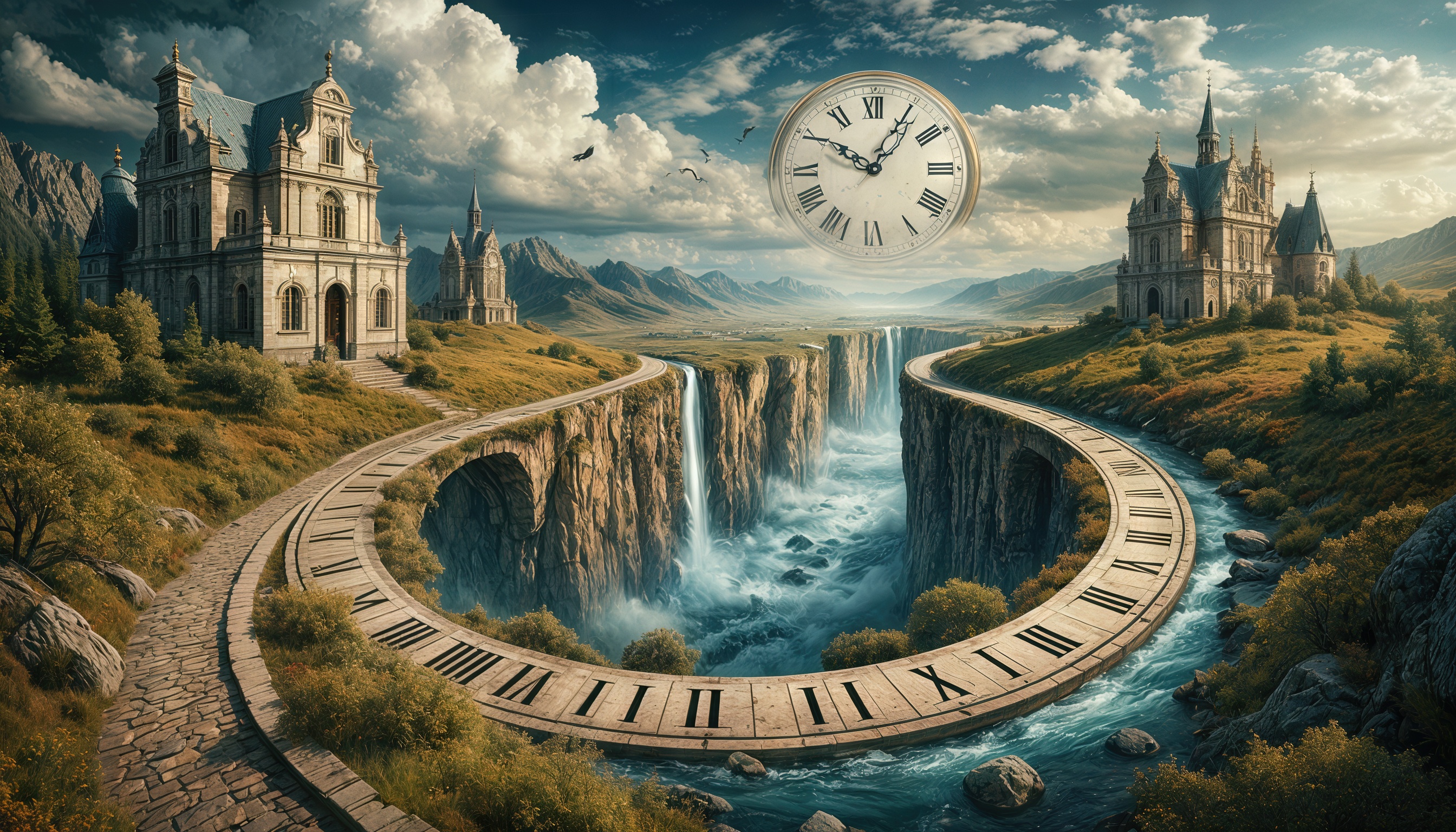 Surreal landscape with waterfall, buildings and clock. · free photo ...