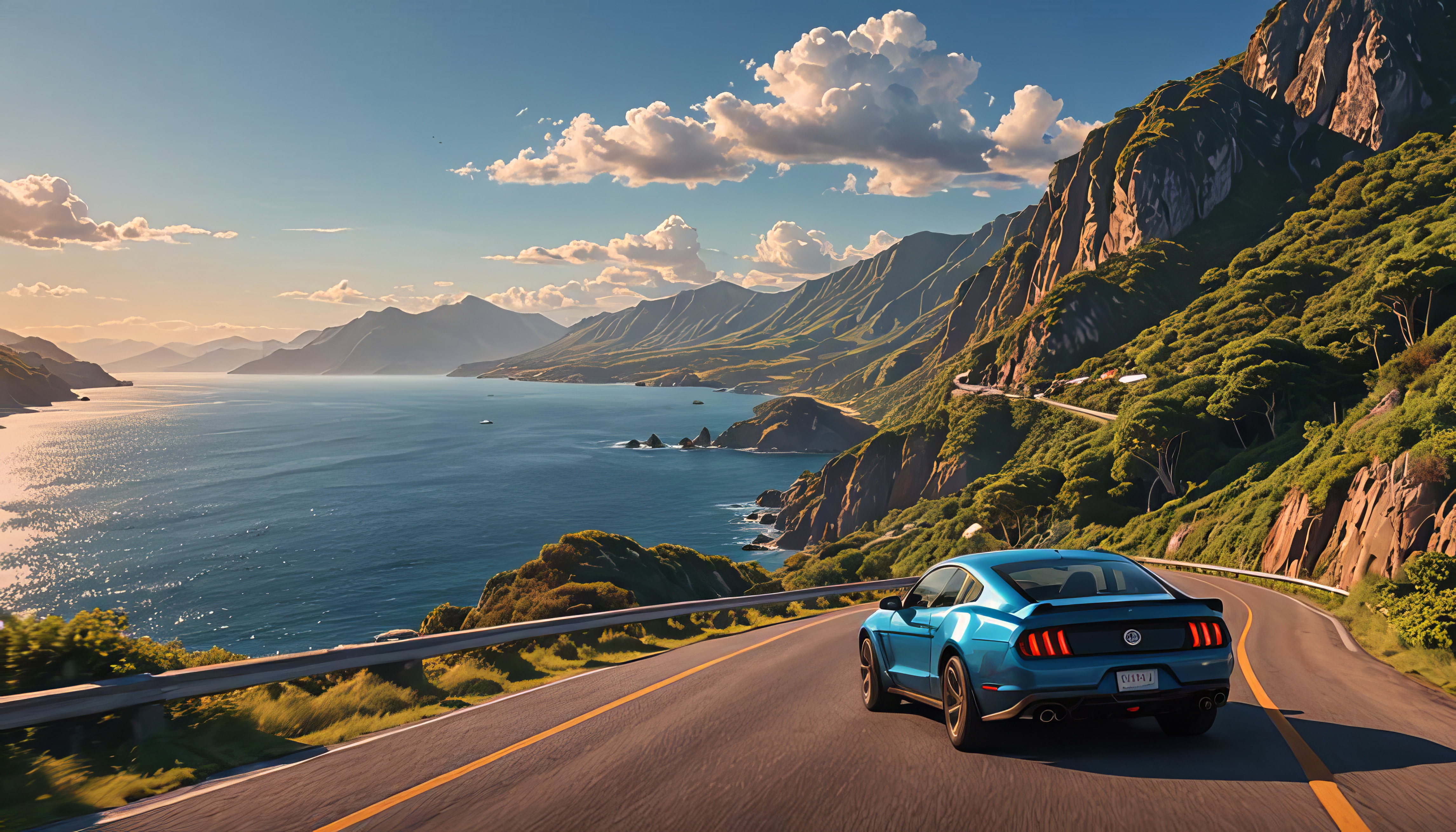 A blue Mustang car driving down a mountain road. · 1920x1080 Full HD ...