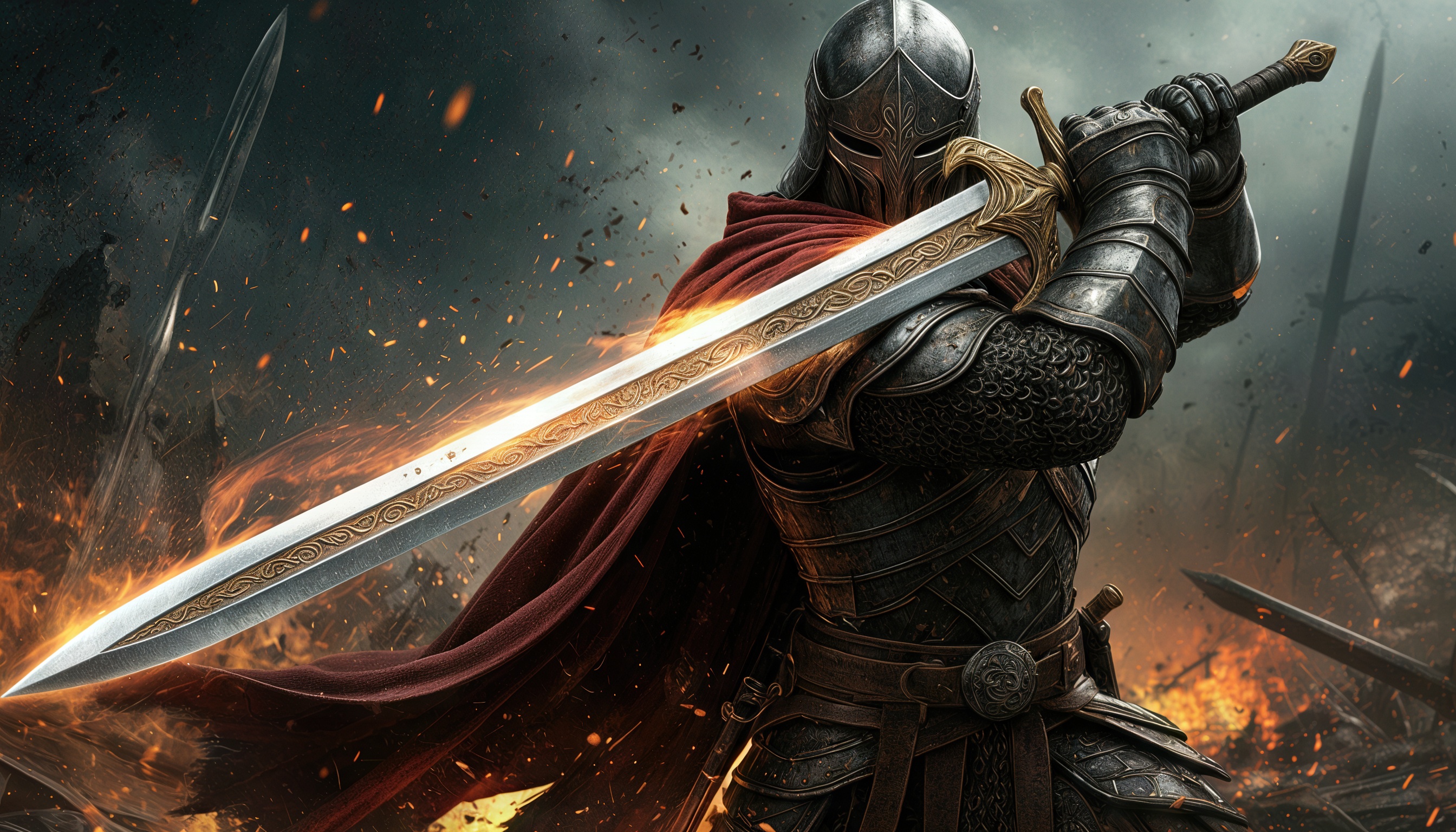 A knight in armor holds a sword with a flaming blade against a battle ...