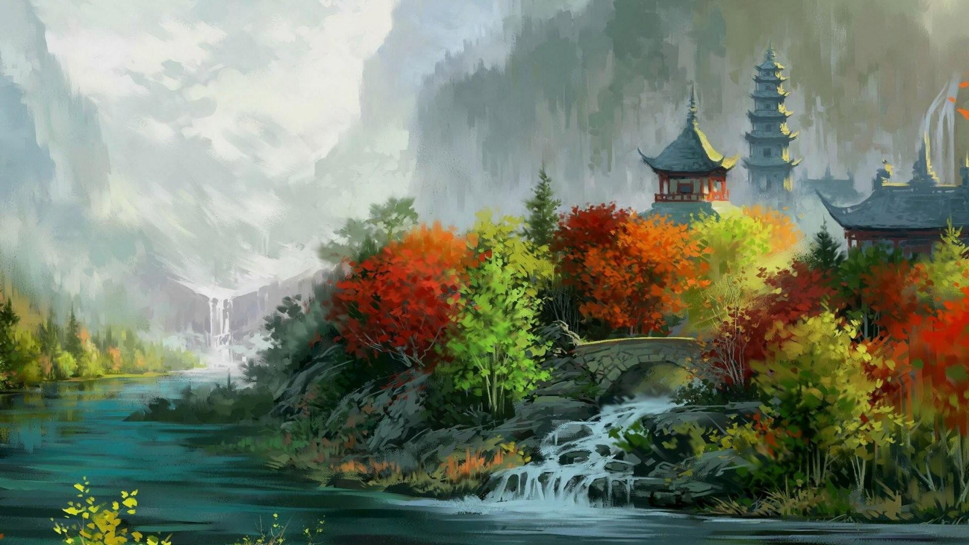 Нарисованный пейзаж азиатской культуры · 1920x1080 Full Hd бесплатная