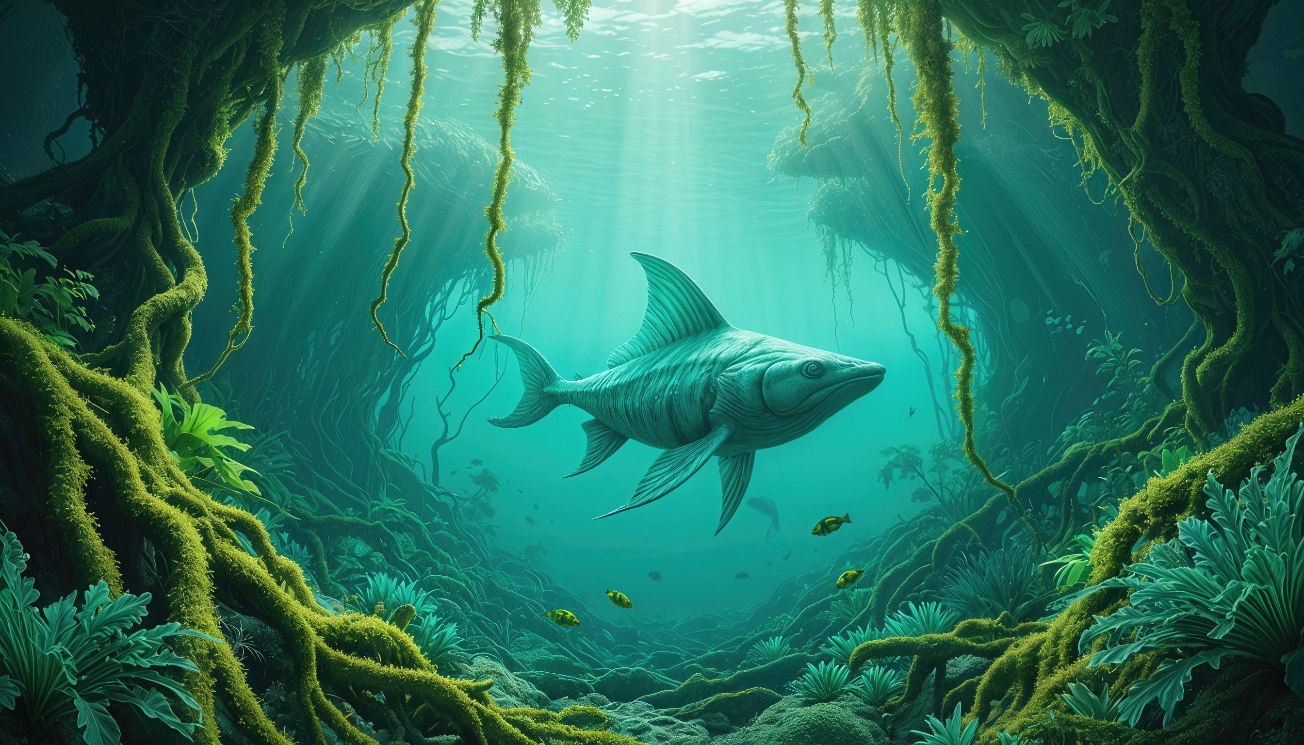 Huge predatory fish among the seaweed with a play of light and shadow ...