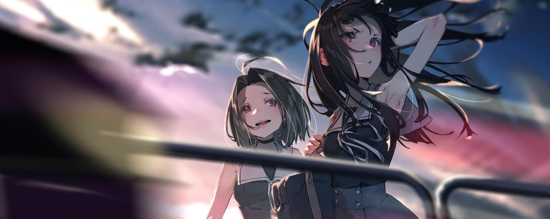 Обои обои Kantai Collection девушки аниме школьной формы закат аниме