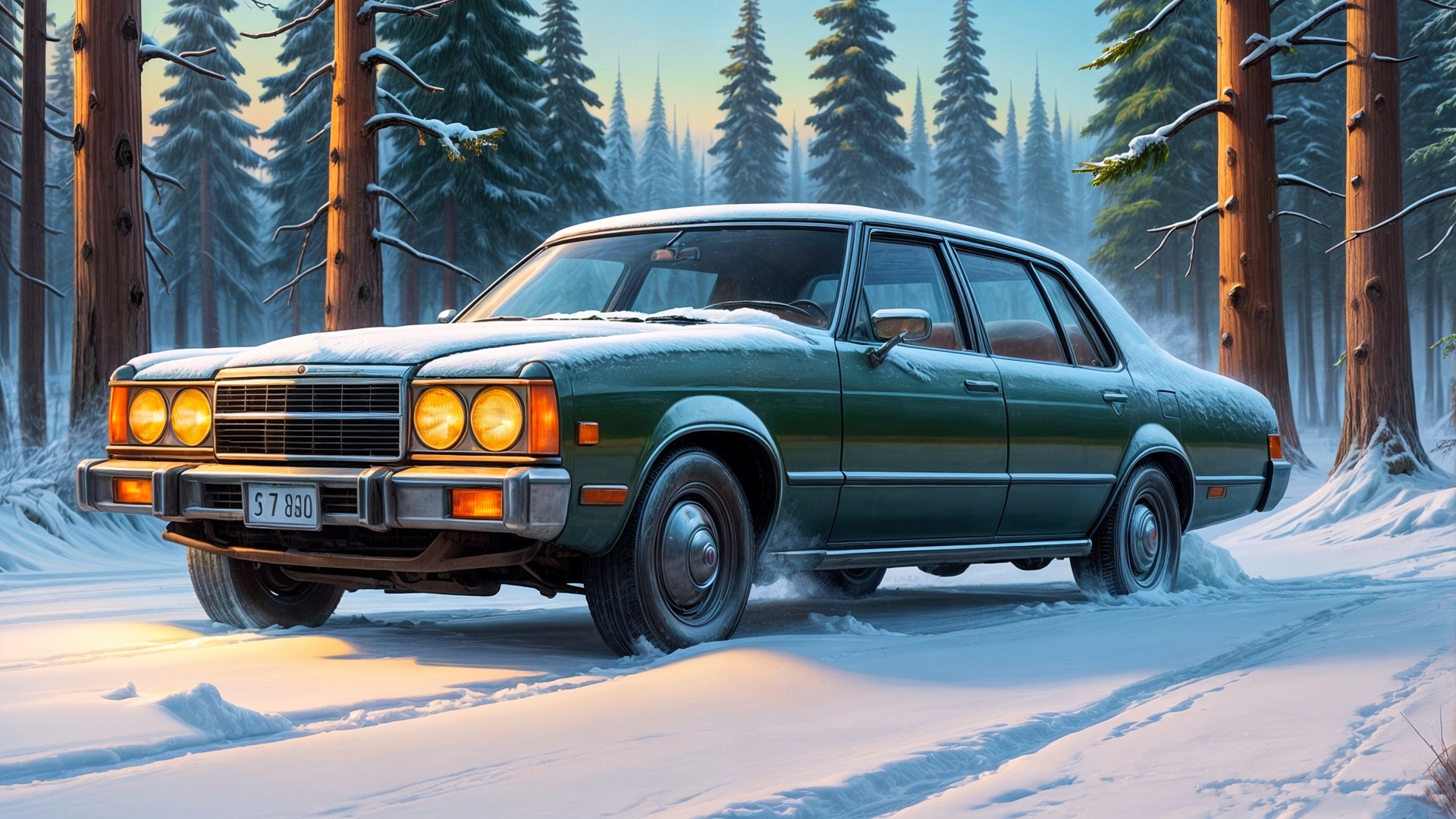 A green car stands in a winter forest · 2560x1440 QHD & WQHD (16:9 ...