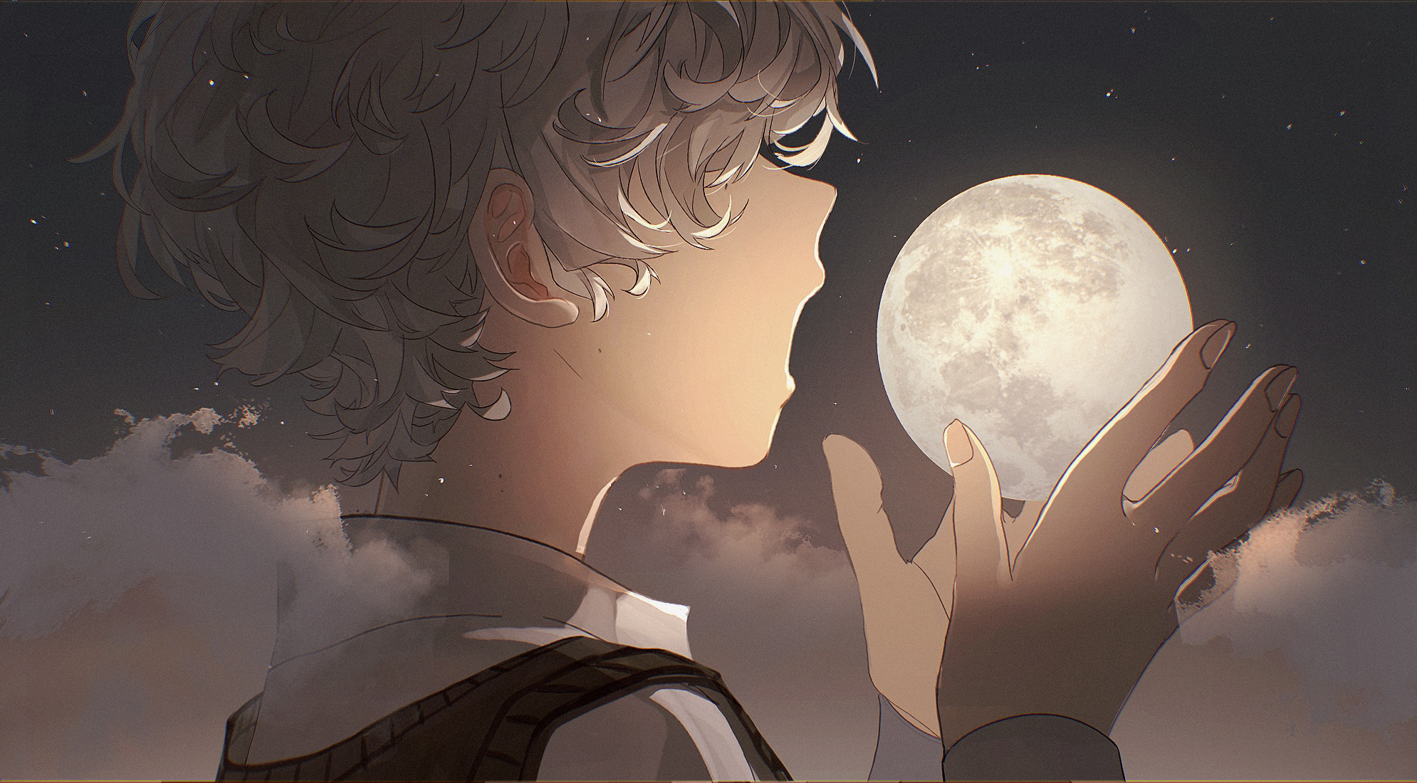 Wallpapers anime boy Moon giant clouds profile view from uaha - desktop ...
