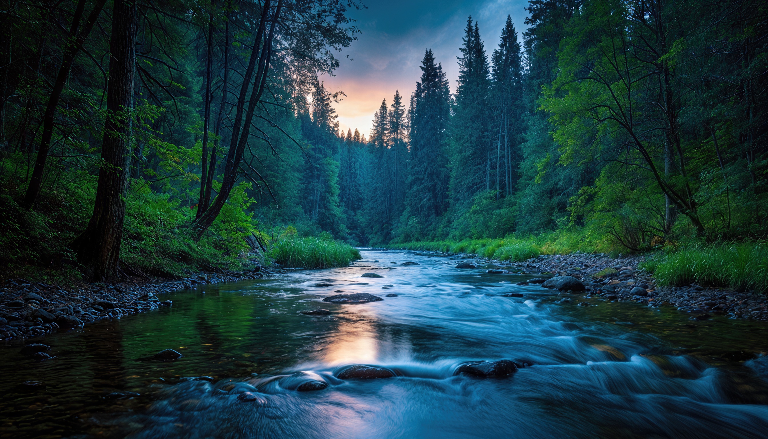 Лесной пейзаж с бурной рекой, окружённой деревьями. · 1920x1080 Full HD ...