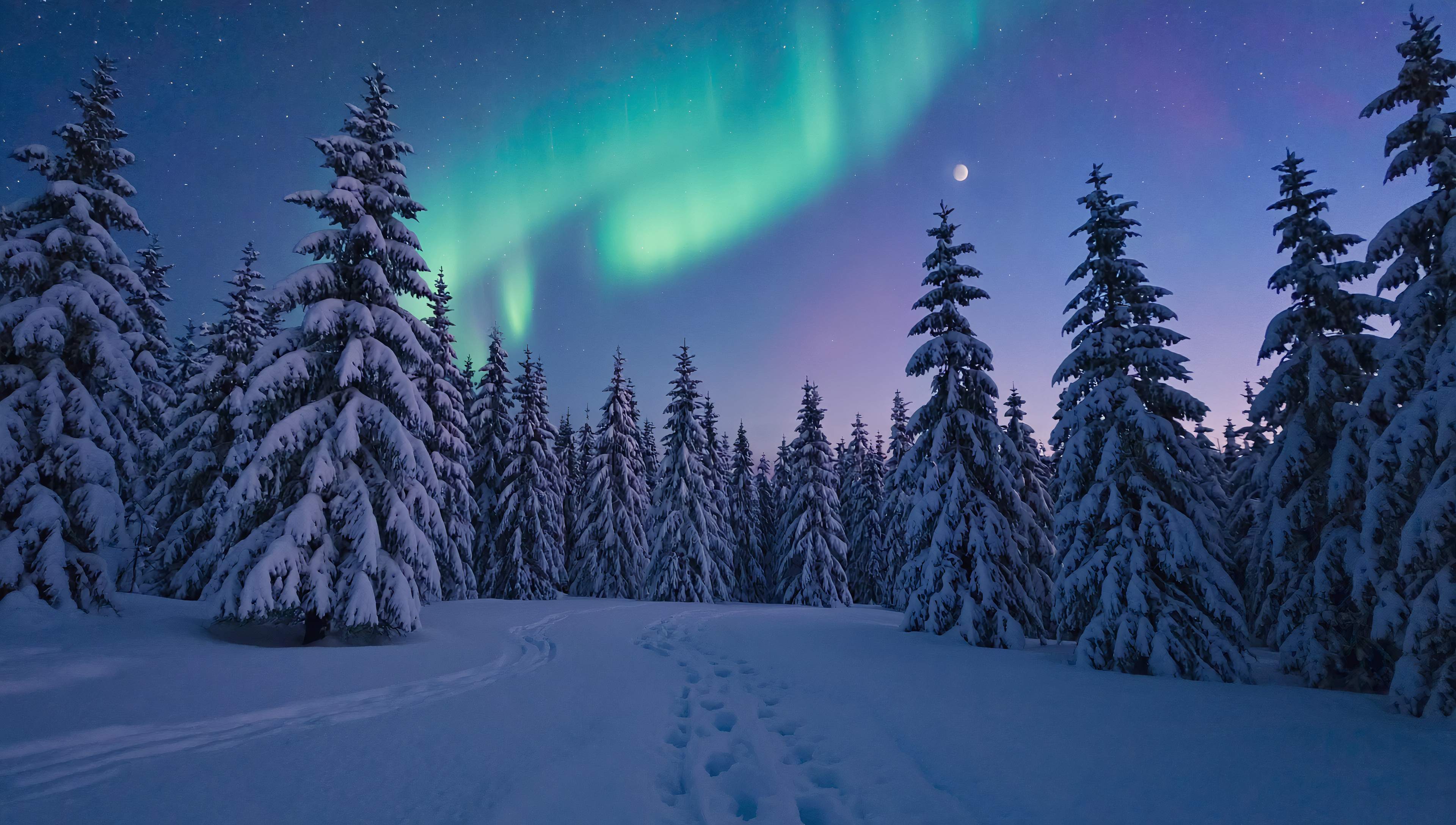 Wallpaper on the desktop, landscape in winter snow, dawn, forest edge ...