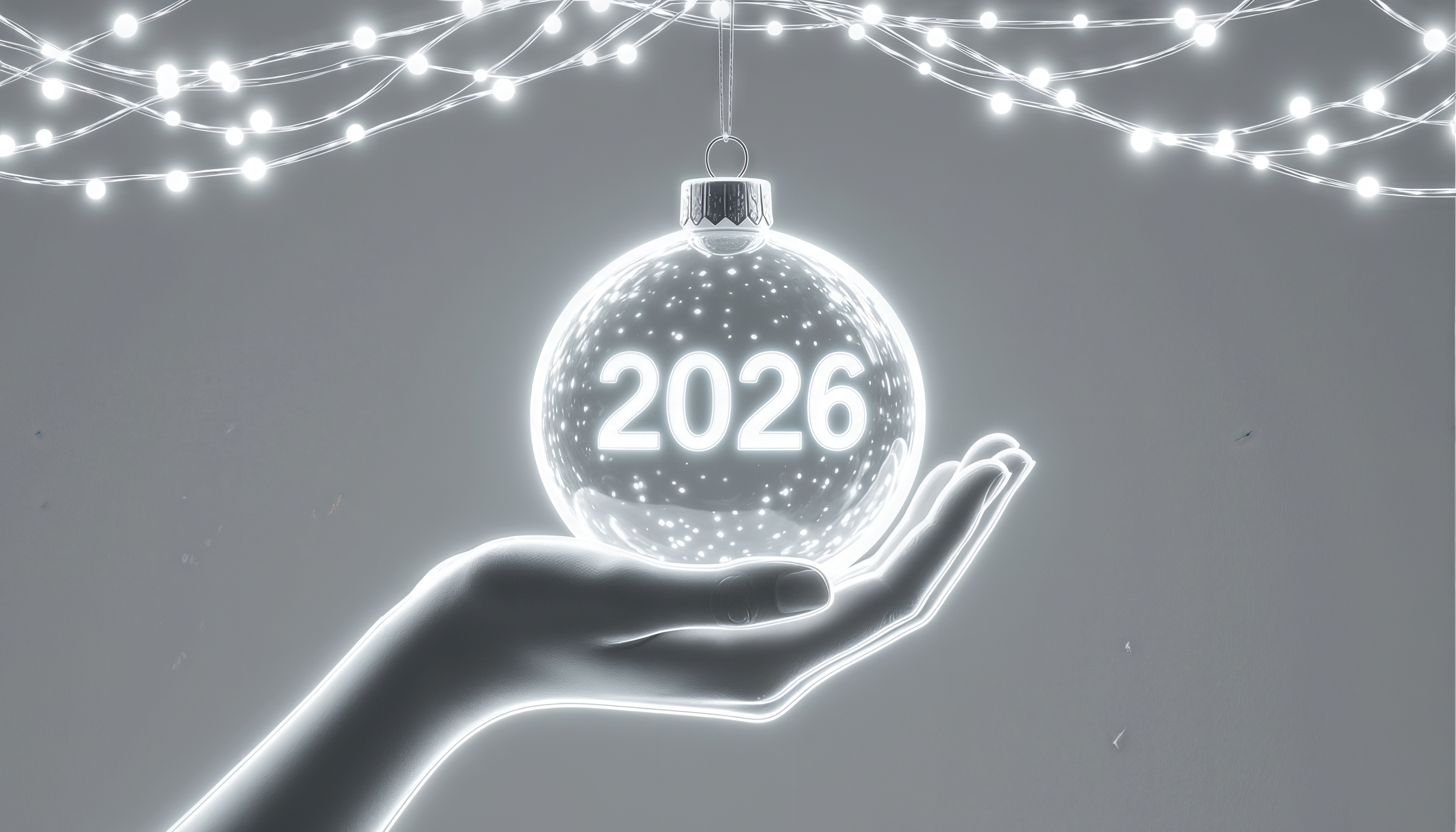 A hand holds a glowing New Year`s ball with the inscription 2026 under ...